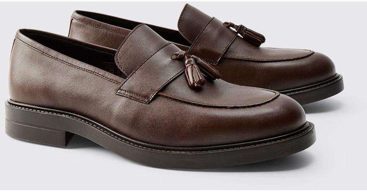 BoohooMAN Real Leather Tassel Loafer Shoes in Brown for Men | Lyst UK