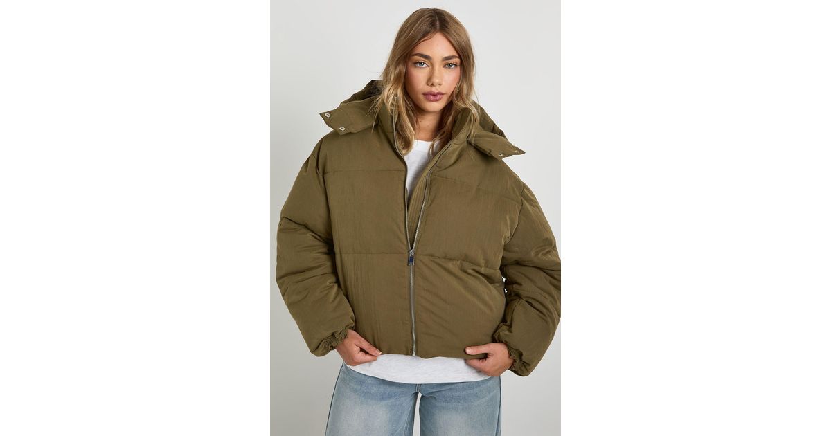 Boohoo Peached Short Hooded Puffer Jacket in Green | Lyst UK