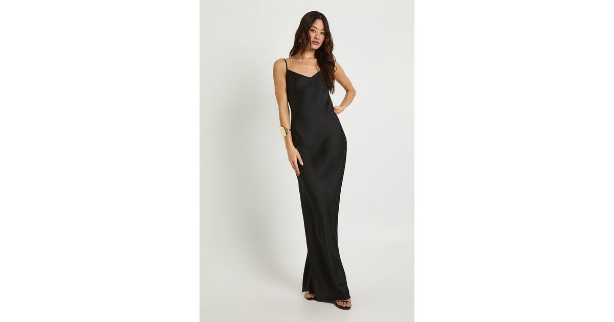 Boohoo Tall Satin Slip Column Maxi Dress in Black | Lyst UK
