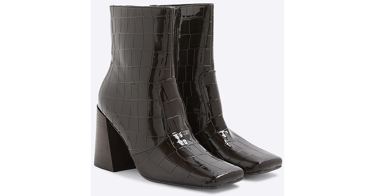 River Island Boots Croc Texture Flared Block Heel Pu in Black | Lyst UK
