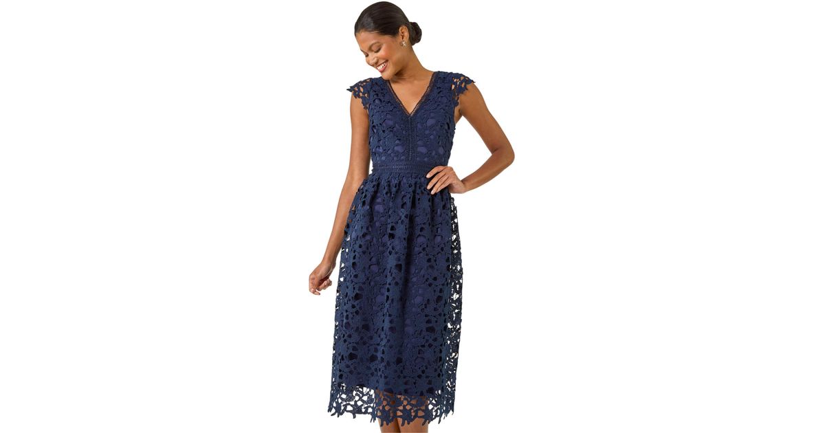 Roman Premium Crochet Lace Midi Dress in Blue | Lyst UK