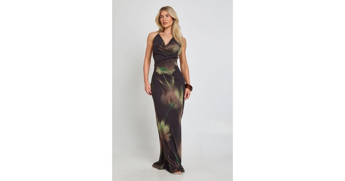 Boohoo Blurred Floral Print Stretch Chiffon Drape Halterneck Maxi Dress ...