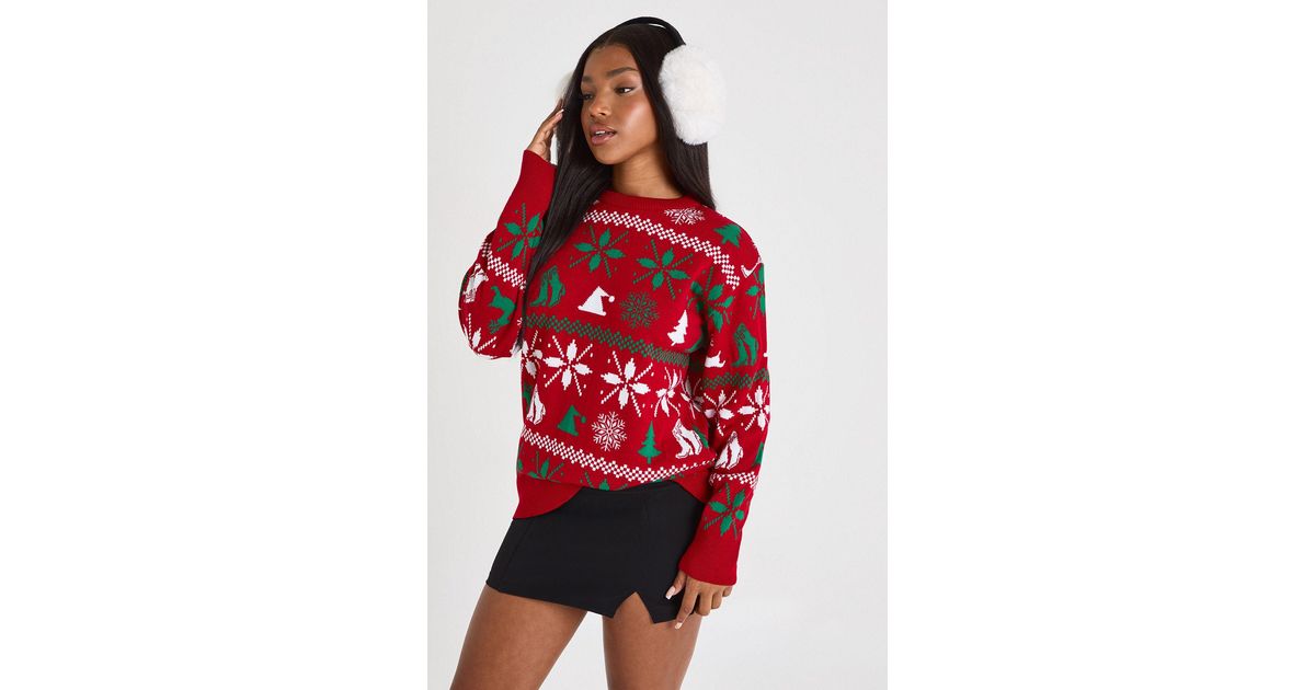 Boohoo Fairisle Longline Christmas Jumper in Red | Lyst UK