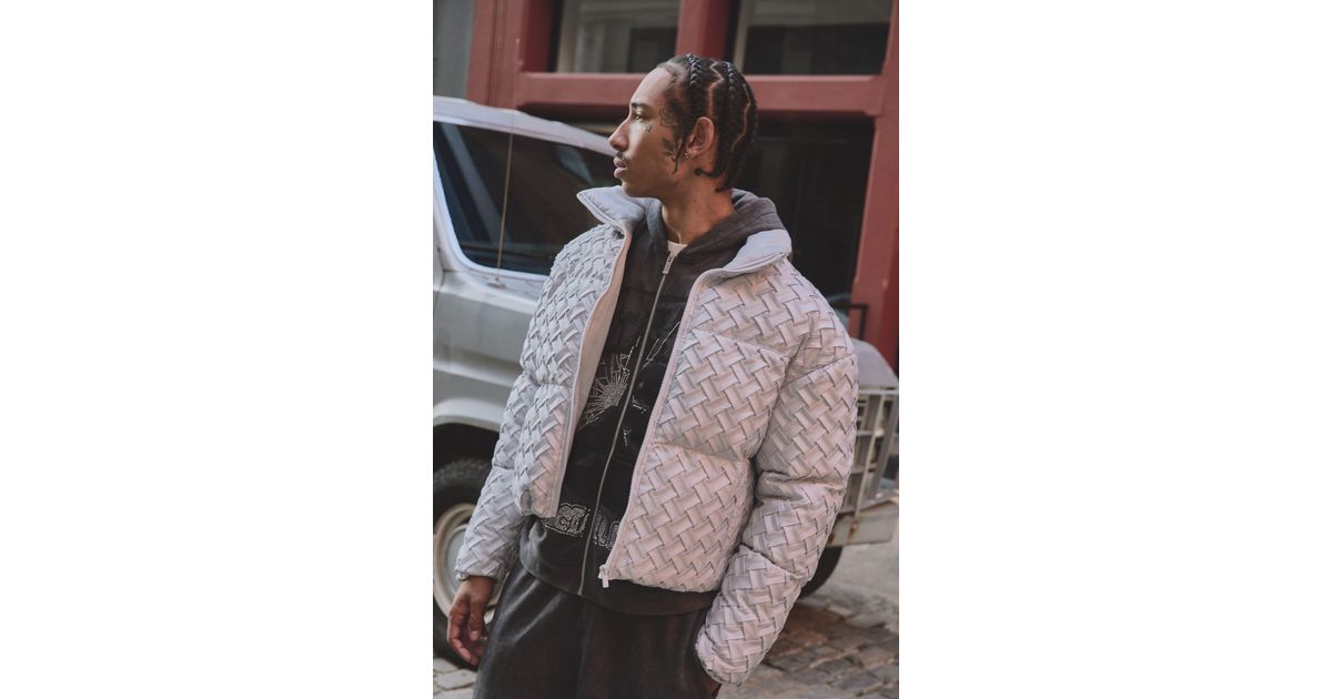 BoohooMAN Boxy Fit Woven Textured Funnel Neck Puffer Jacket in Black ...