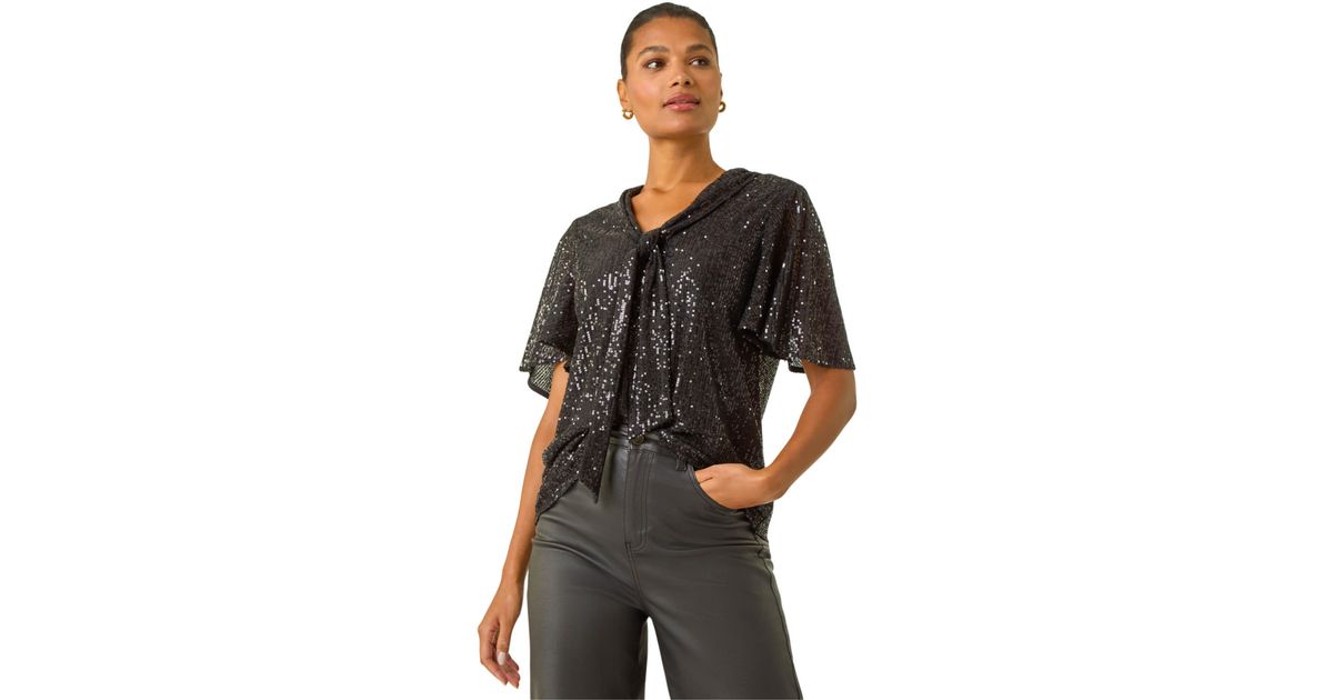 Roman Sequin Tie Neck Top in Black | Lyst UK