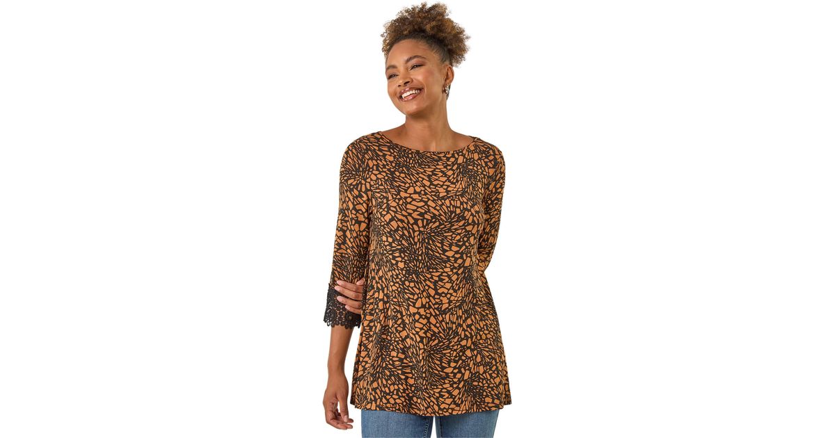 Roman Lace Cuff Printed Stretch Top in Brown | Lyst UK