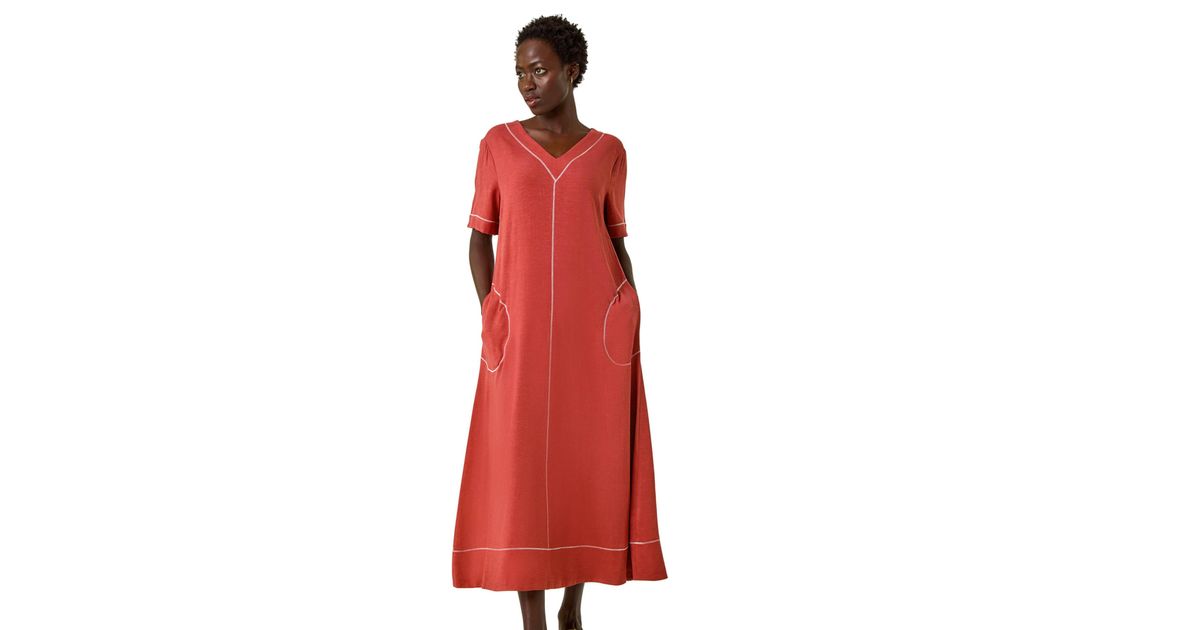 Roman Contrast Stitch Woven Dress in Red | Lyst UK