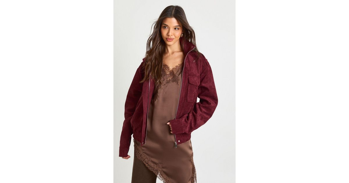 Boohoo Funnel Neck Suede Pocket Detail Jacket in Red | Lyst UK