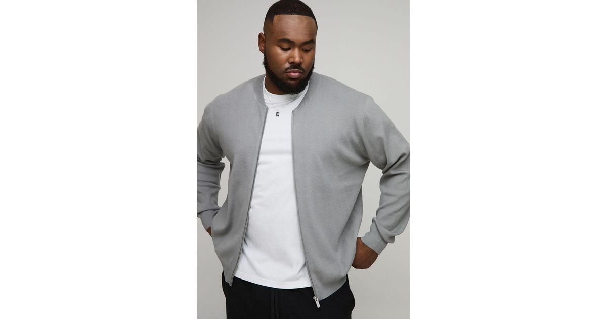BoohooMAN Plus Basic Regular Fit Knitted Bomber Jacket in Grey for Men ...