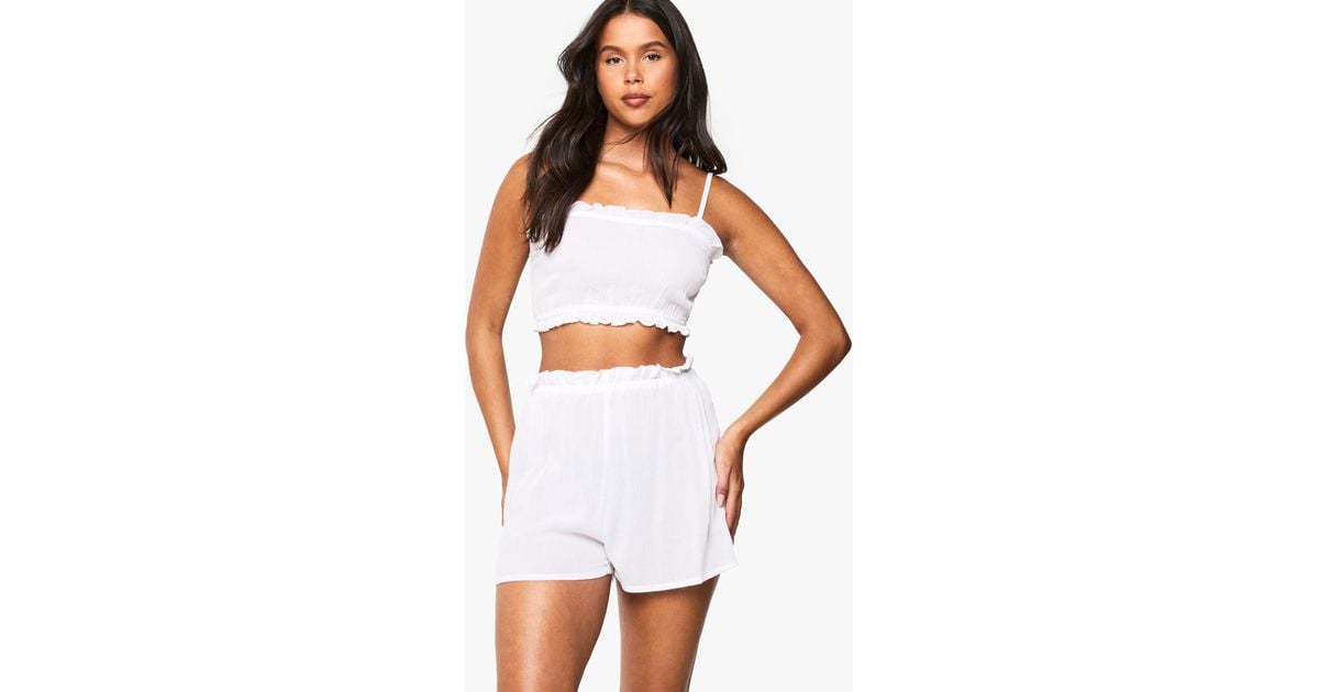Boohoo Bridal Textured Cheesecloth Ruffle Detail Cami And Short Set in ...
