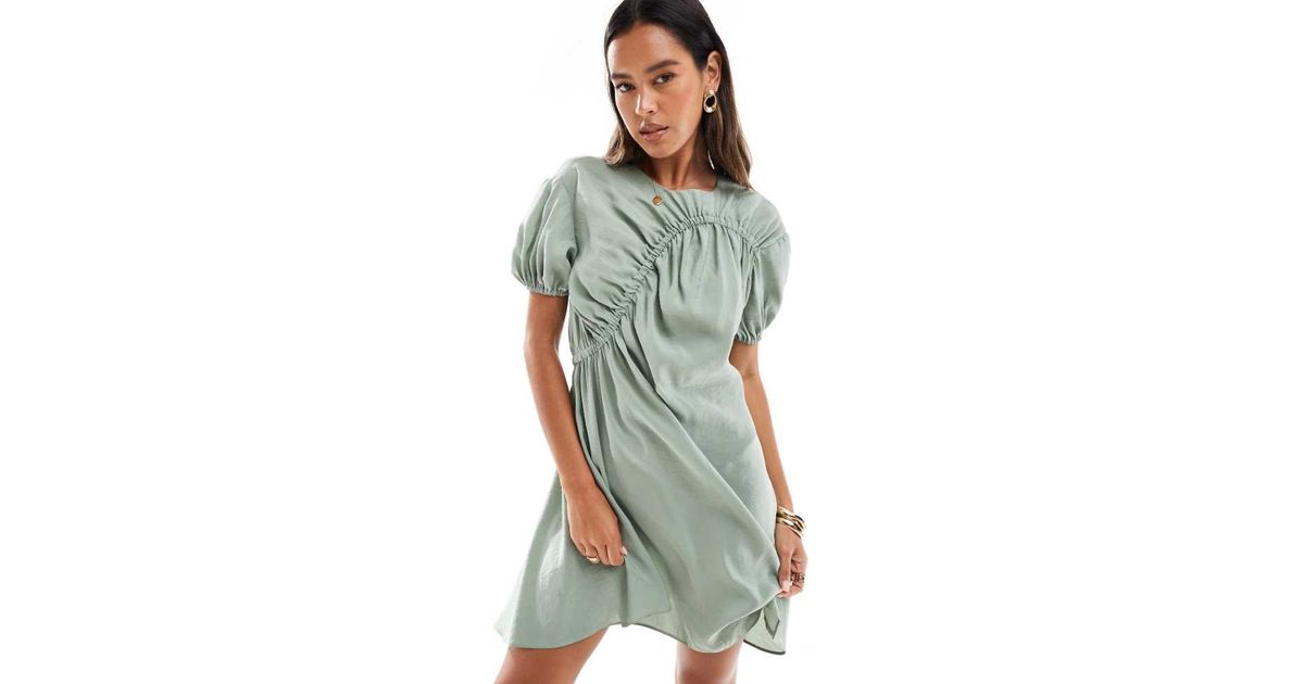 ASOS Cupro Puff Sleeve Mini Smock Dress With Ruching Detail in Green ...