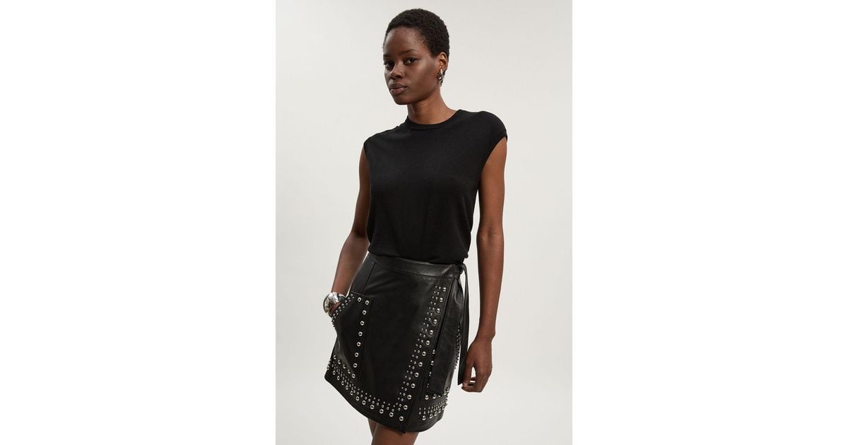 Karen Millen Studded Leather Wrap Mini Skirt in Black | Lyst UK