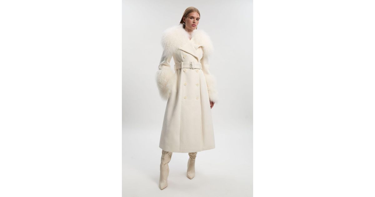 Karen Millen Brushed Wool & Shearling Tailored Double Breasted Belted ...