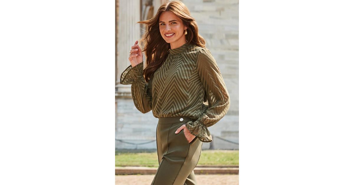 Sosandar Khaki Textured Chevron Blouse in Green | Lyst UK