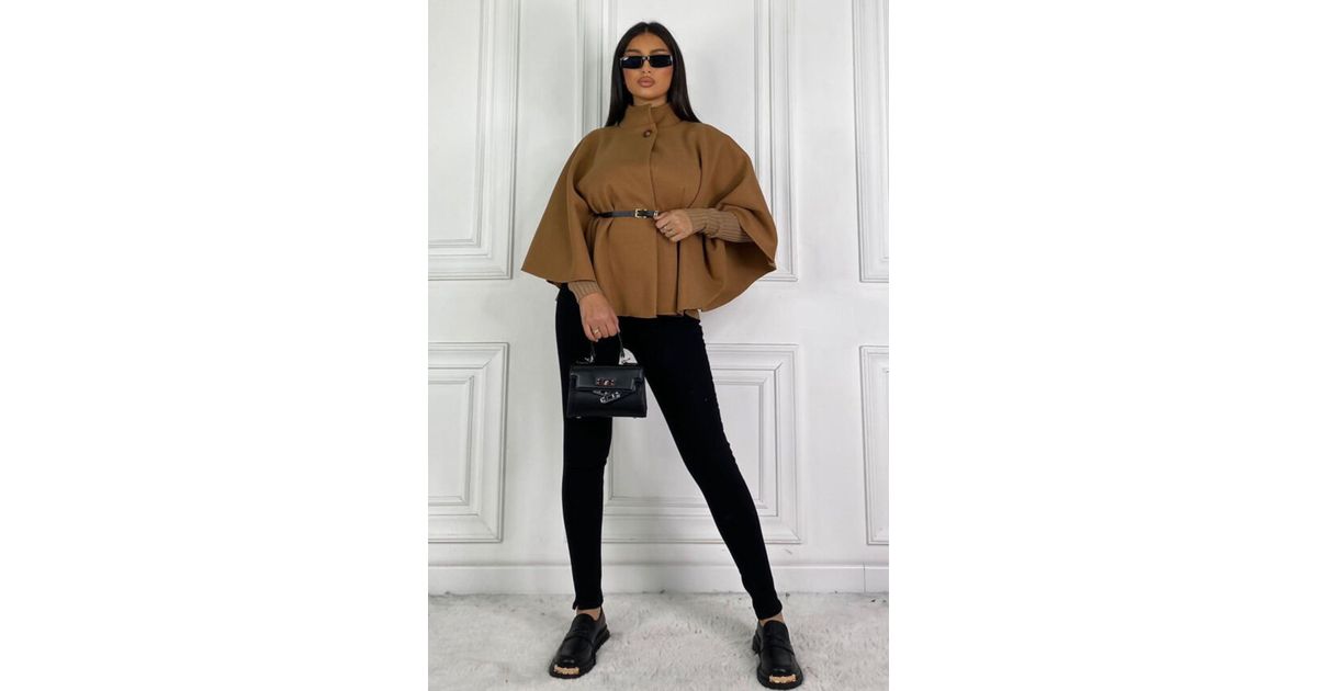 Femme Luxe Belted High Neck Cape Coat in Natural | Lyst UK