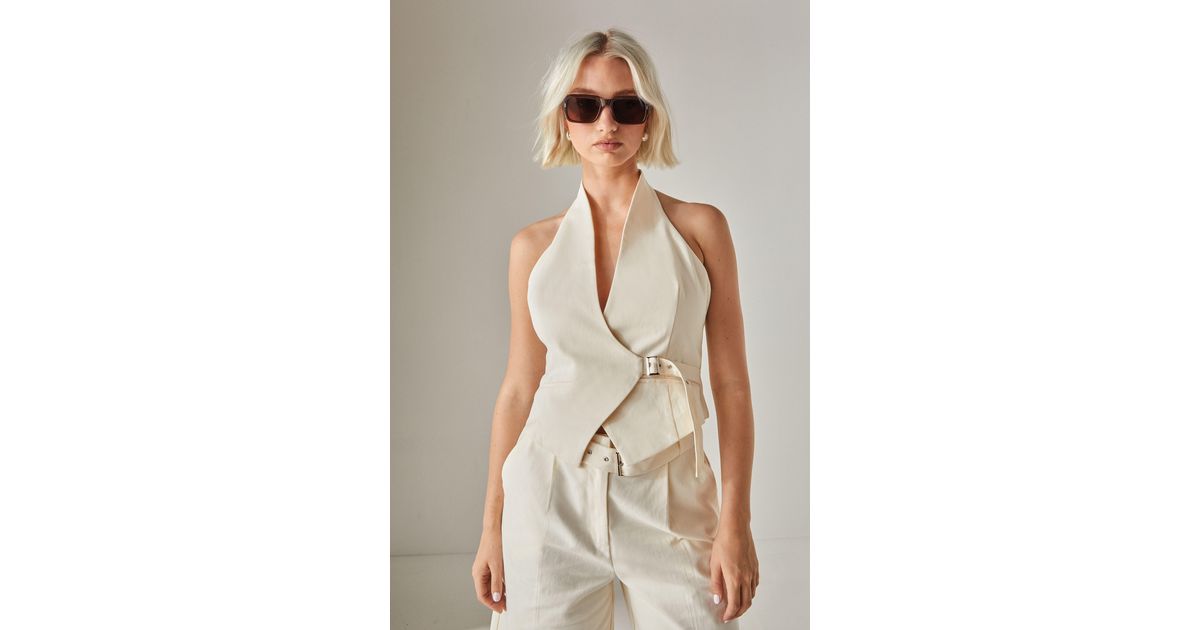 Nasty Gal Peached Cotton Twill Buckle Halter Neck Vest in Natural | Lyst UK