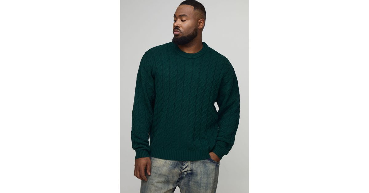 BoohooMAN Plus Basic Boxy Fit Cable Knitted Jumper in Green for Men ...