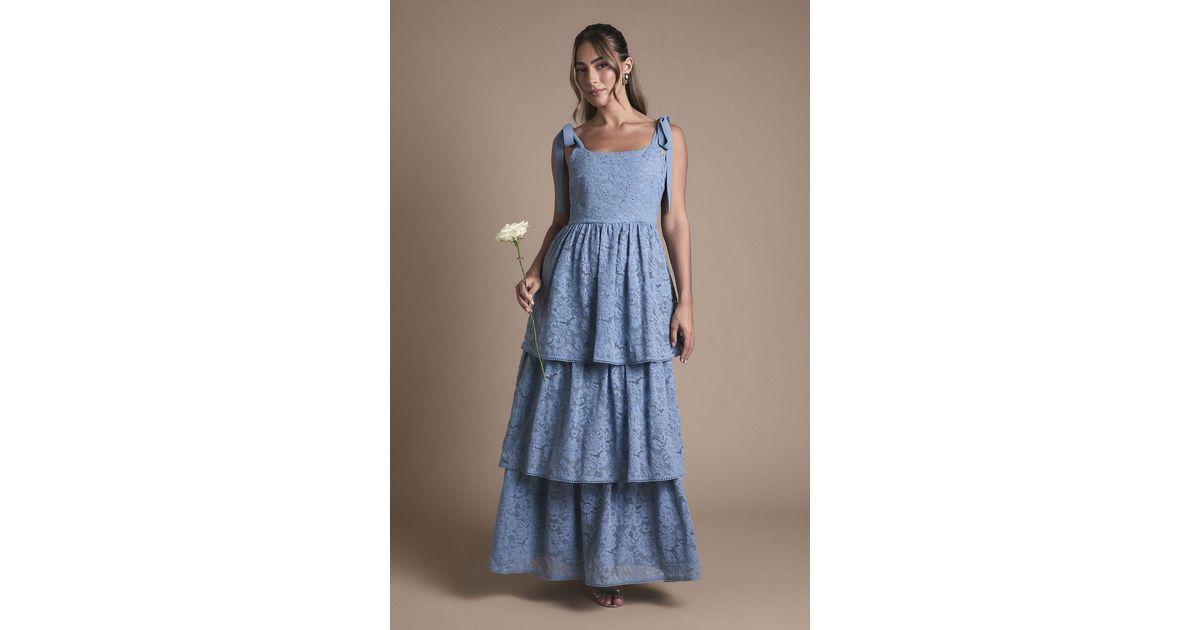 Oasis Lace Tiered Maxi Bridesmaid Dress in Blue | Lyst UK