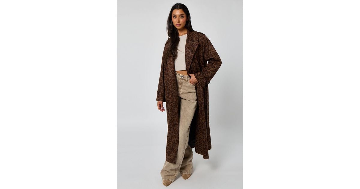 Urban Bliss Leopard Suede Trench Coat in Brown | Lyst UK