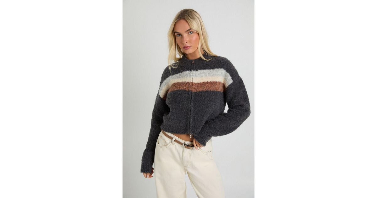 Boohoo Boucle Knit Stripe Zip Through Jumper | Lyst UK