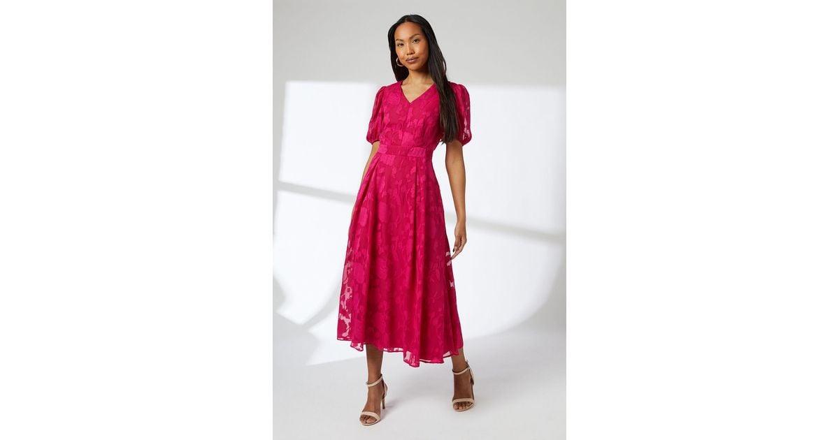 PRINCIPLES Floral Jacquard Puff Sleeve Midi Dress in Red | Lyst UK