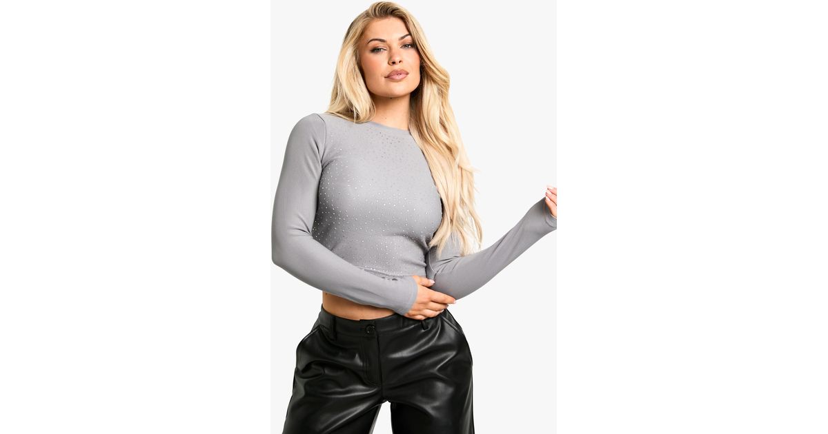 Boohoo Diamante Hotfix Long Sleeve Top in Grey | Lyst UK