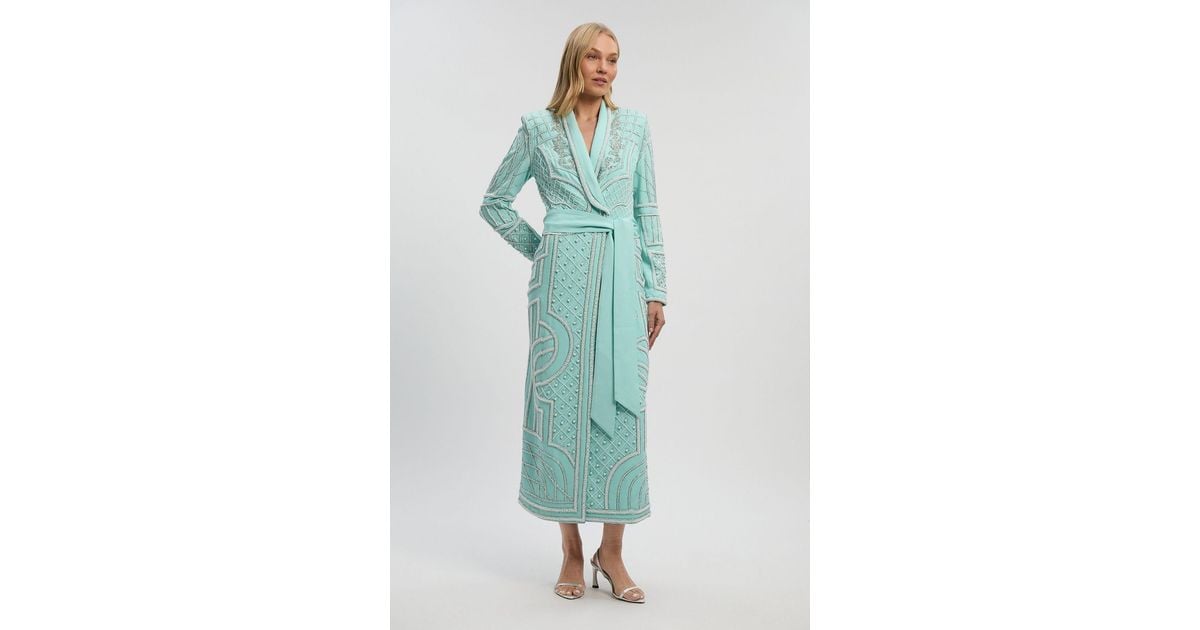 Karen Millen Crystal Embellished Woven Maxi Blazer Dress in Green | Lyst UK