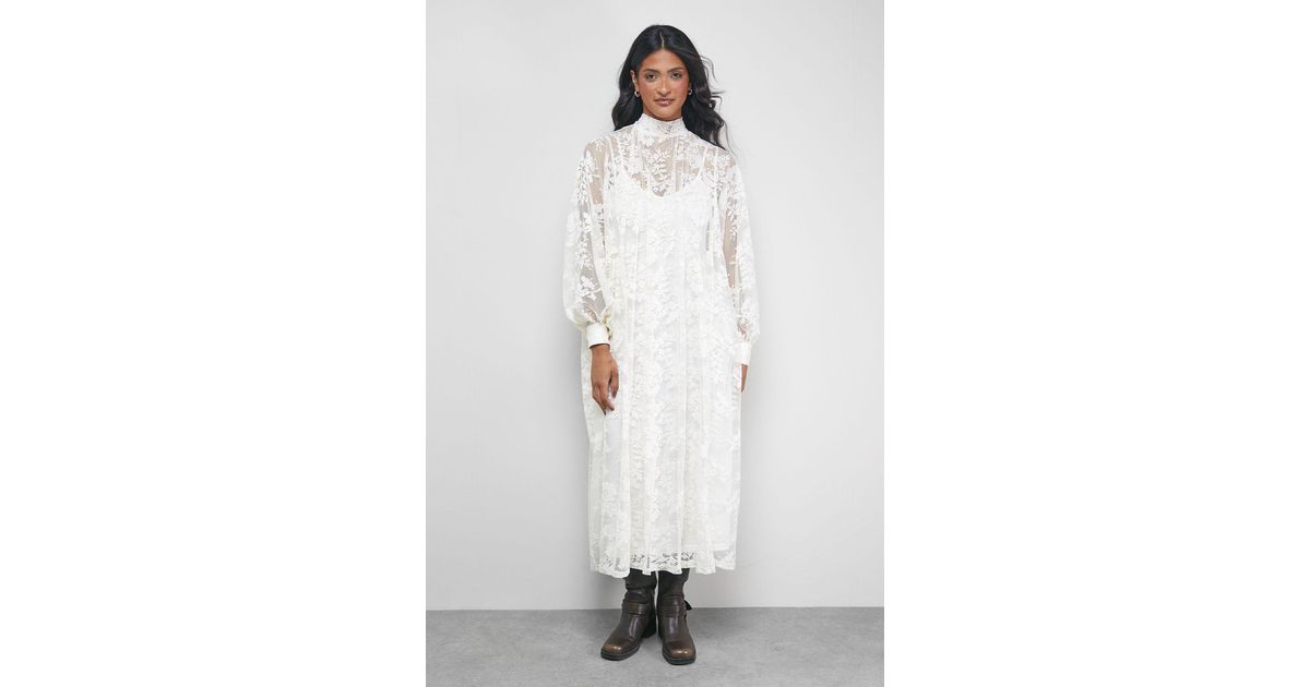 Warehouse Lace High Neck Smock Midi Dress in White | Lyst UK