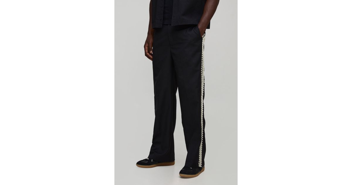 BoohooMAN Pearl Trim Half And Waist Crease Front Wide Leg Trouser in ...