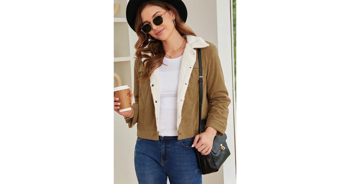 Everyday the Label Khaki Corduroy Sherpa Snap Button Flap Jacket in ...