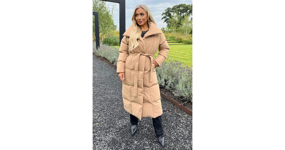 AX Paris Biscuit Tie Waist Quilted Longline Puffer Coat in Grey | Lyst UK