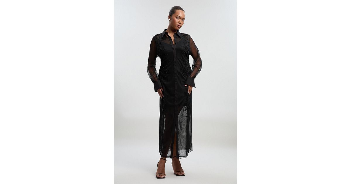 Karen Millen Archive Plus Size Mesh Embellished Embroidered Sheer Shirt ...