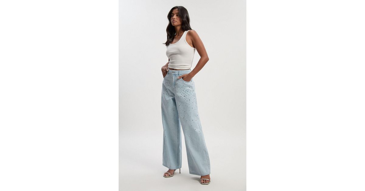 Boohoo Petite Embellished High Waist Straight Leg Jean in Blue | Lyst UK