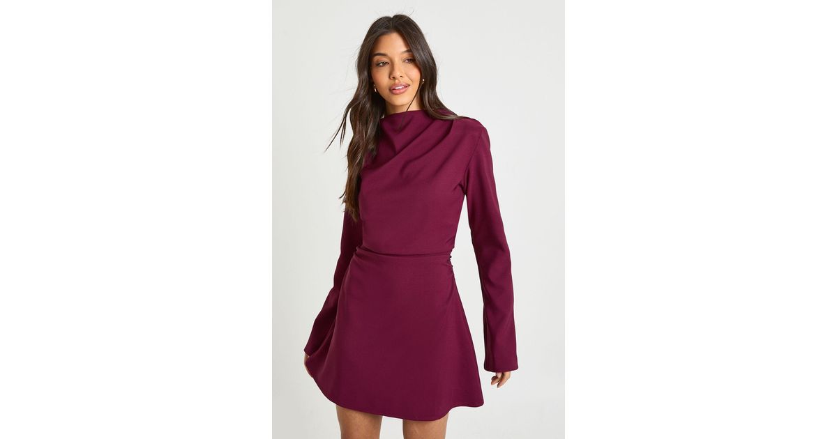 Boohoo Long Sleeve Ruched High Neck Shift Dress in Purple | Lyst UK