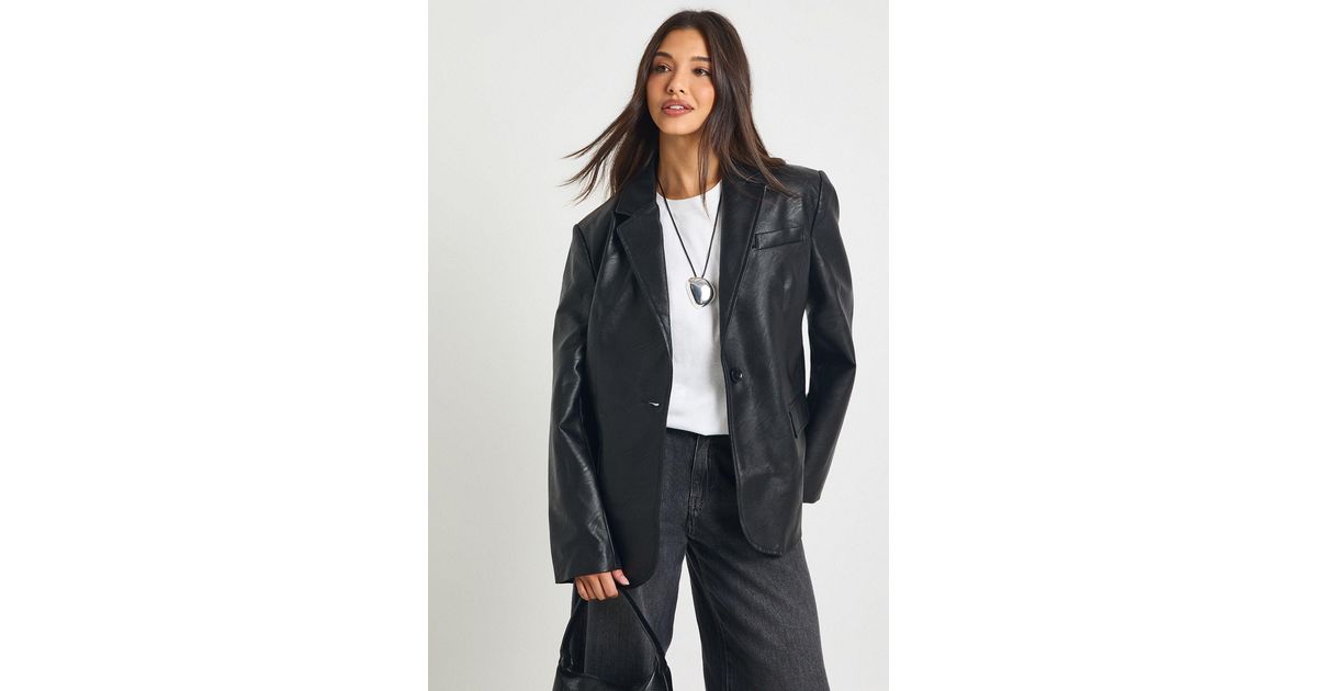 Boohoo Faux Leather Oversized Boxy Blazer in Blue | Lyst UK