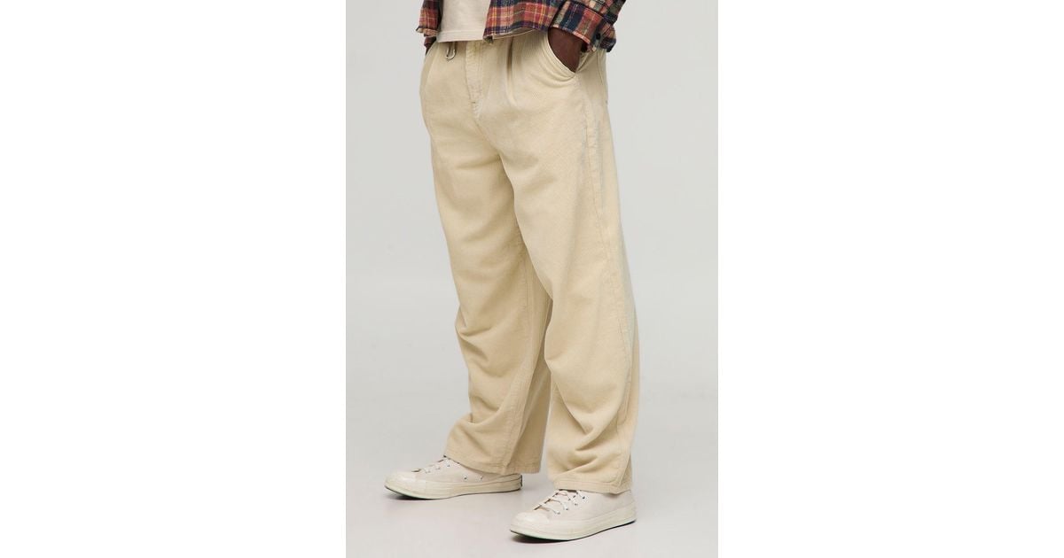 BoohooMAN Barrel Fit Pleated Front Corduroy Trousers in Natural for Men ...