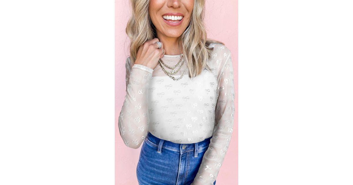 Azura Exchange Bow Mesh Top Long Sleeve Bow Top in White | Lyst UK