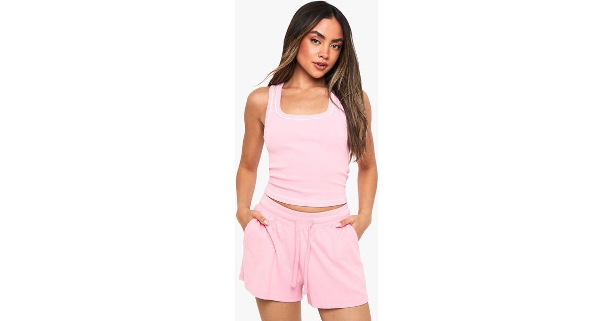 Boohoo Thick Binding Skinny Strap Rib Tank Top in Pink | Lyst UK