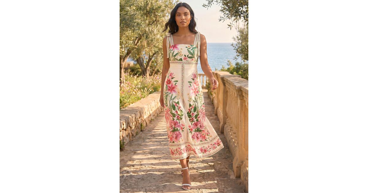 Roman Tropical Print Sequin Midi Dress in Natural | Lyst UK