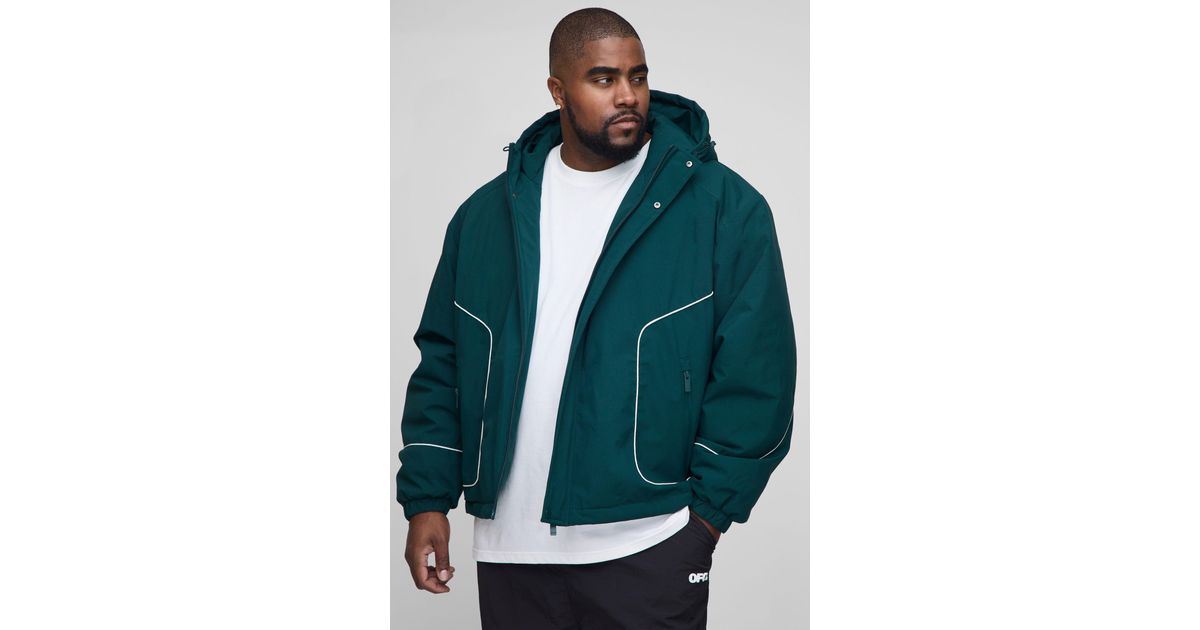 BoohooMAN Plus Regular Fit Piping Detail Nylon Padded Parka in Green ...