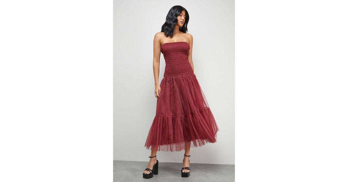 Warehouse Bandeau Sheering Tulle Maxi Dress in Red | Lyst UK