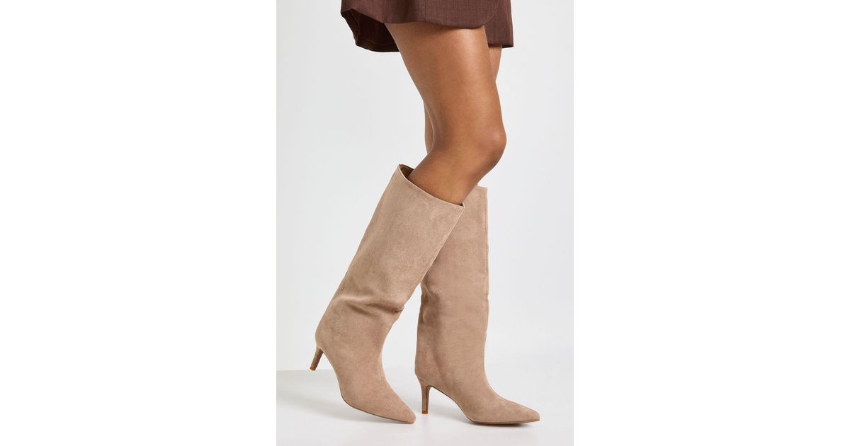 Boohoo Faux Suede Low Stiletto Knee High Column Boots in Natural | Lyst UK