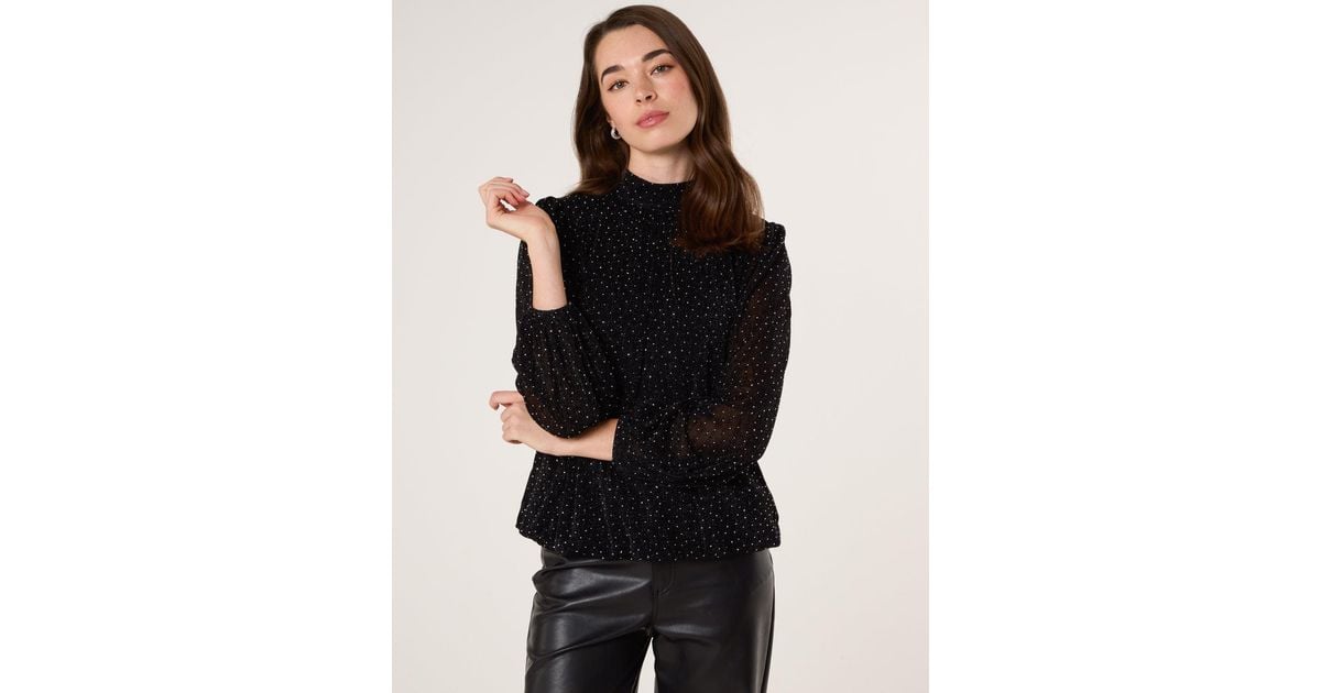 Blue Vanilla Rhinestone Shoulder Pad Puffball Blouse in Black | Lyst UK