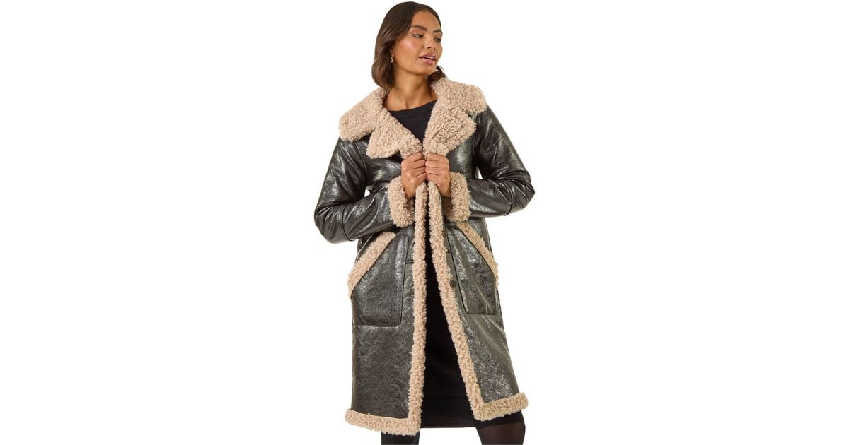 Roman Faux Fur Textured Coat in Black | Lyst UK