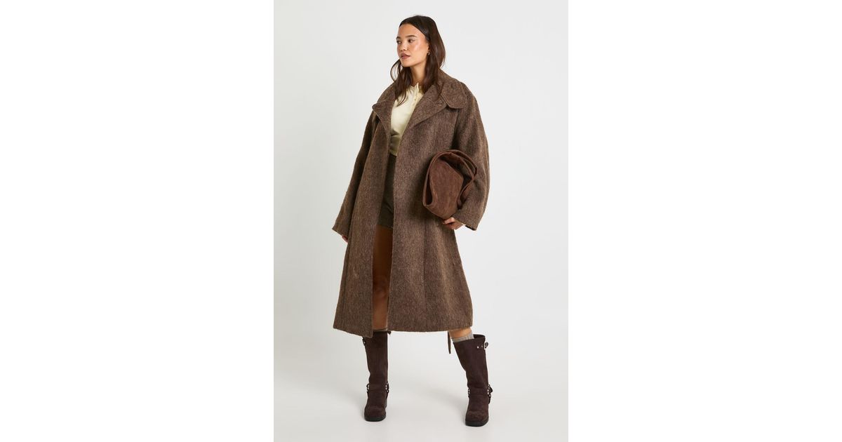 Boohoo Maxi Belted Wool Blend Coat in Brown | Lyst UK