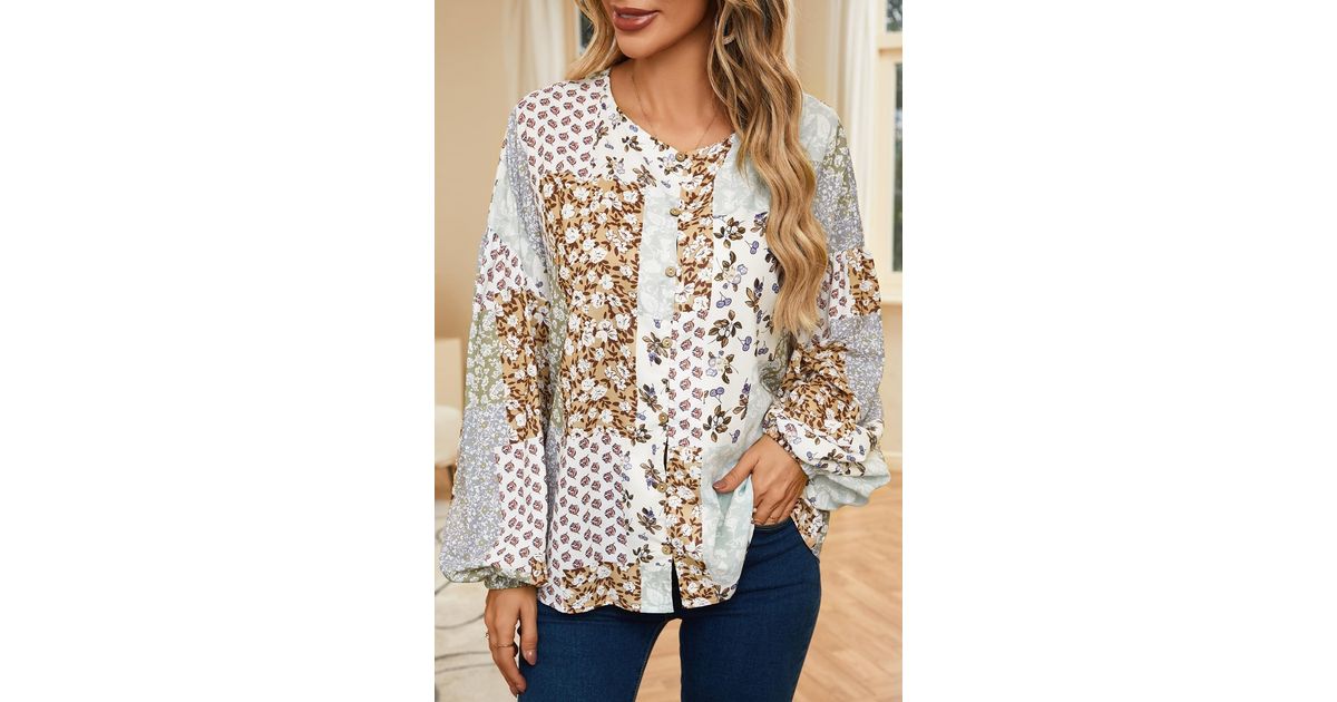 Everyday the Label Floral Patchwork Blouse in Natural | Lyst UK