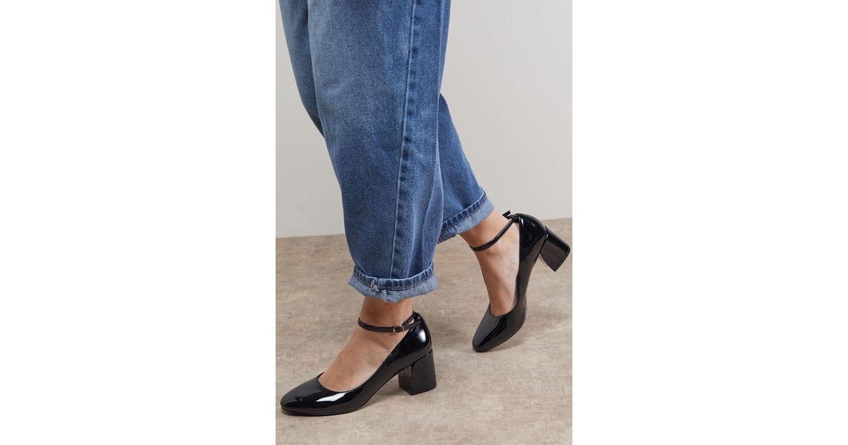 Oasis Venisha Faux Patent Leather Ankle Strap Medium Heel Court Shoes ...