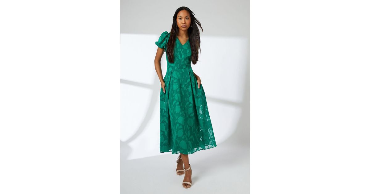 PRINCIPLES Floral Jacquard Puff Sleeve Midi Dress in Green | Lyst UK