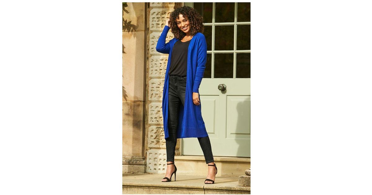 Sosandar Cobalt Blue Longline Duster Cardigan in Metallic | Lyst UK