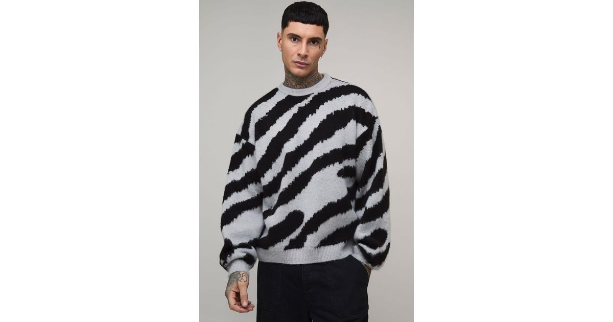 BoohooMAN Tall Boxy Oversized Brushed Animal Knitted Jumper in Grey for ...